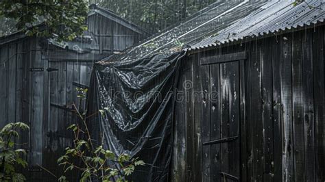 A Tarp Covering A Section Of The Building Protecting It From The Heavy