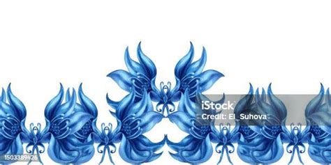 수중 마법의 꽃과 시초의 파란색 매끄러운 테두리의 단색 수채화 그림 초대장 패턴 직물 월페이퍼 스티커 엽서 0명에 대한 스톡 벡터 아트 및 기타 이미지 Istock
