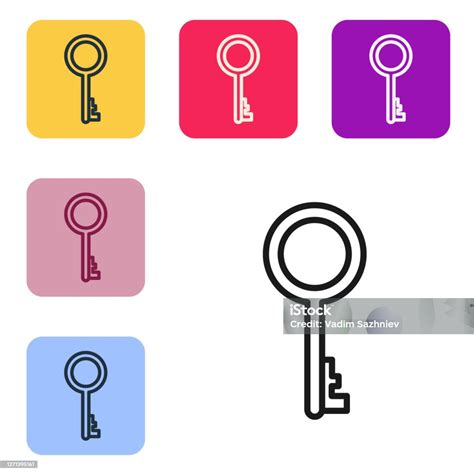 흰색 배경에 격리 된 검은 줄 오래 된 키 아이콘 색상 정사각형 단추로 아이콘을 설정합니다 벡터 일러스트레이션 문에 대한 스톡 벡터 아트 및 기타 이미지 Istock