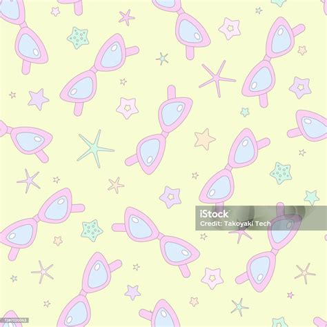 반복적인 트렌디 한 선글라스 복고풍 안경 매끄러운 패턴 선글라스와 귀여운 여름 시간 배경 패턴 재미있는 별과 빈티지 여름 선글라스 벡터종이 또는 직물만화 패턴 0명에 대한