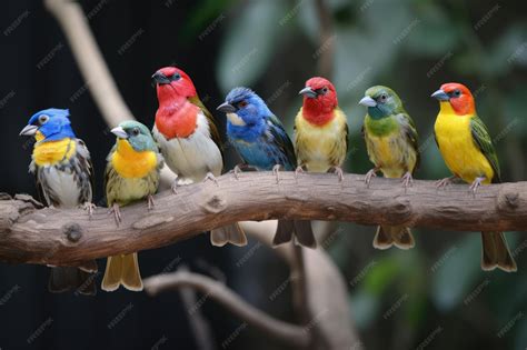 Grupo De Pássaros Coloridos Empoleirados Em Cantos De Galhos De árvores