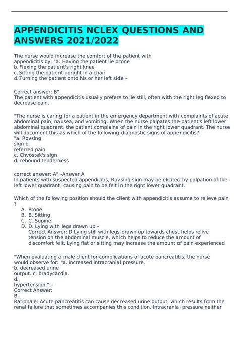 Nclex Appendicitis 2021 2022 Questions And Answers Appendicitis Nclex Stuvia Us