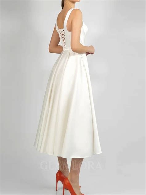 Pretty A Line Straps Tea Length Satin Wedding Dress Glamlora