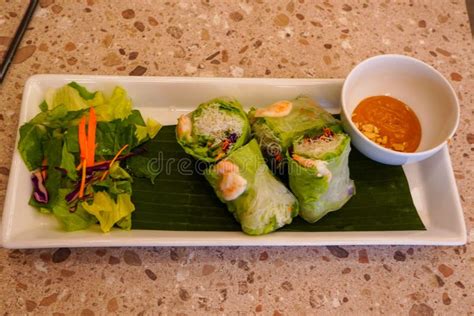 Fresh Vietnamese Spring Rolls With Peanut Butter Sauce For Dipping