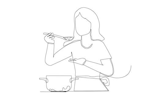 Une Femme Dégustant Le Repas Dans Le Dessin Au Trait De La Cuisine