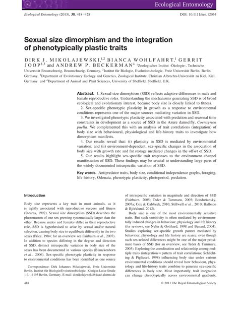 Pdf Sexual Size Dimorphism And The Integration Of Phenotypically Plastic Traits