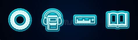 Set Line Laurel Wreath Audio Book Ruler And Open Glowing Neon Icon Stock Vector