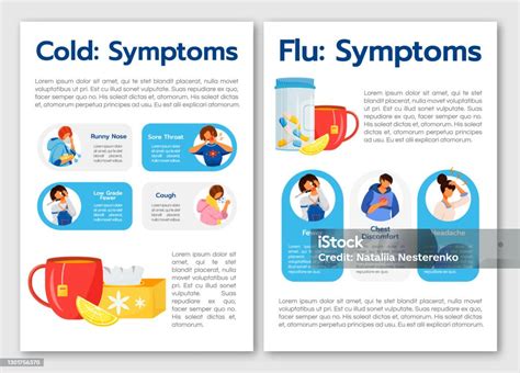 일반적인 감기 및 독감 바이러스 증상 플랫 벡터 브로셔 템플릿 전단지 소책자 인쇄 가능한 전단지 디자인 잡지 페이지 만화 연례 보고서 텍스트 공간이있는 인포 그래픽 포스터