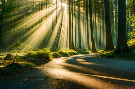 태양 광선이 나무 사이로 들어오는 숲길 프리미엄 사진