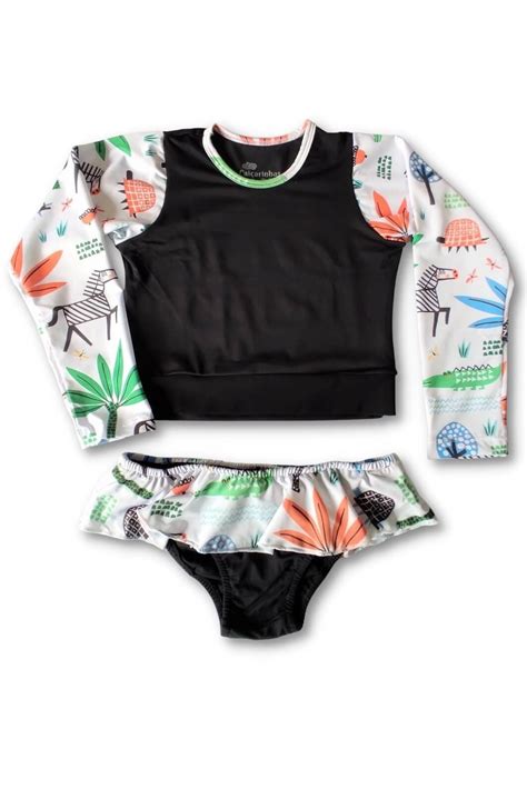 Biquíni Infantil Cropped Manga Longa Calcinha Com Babadinho E Proteção