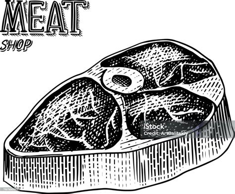 그릴에 구운 고기 스테이크 바베큐 돼지 고기 또는 쇠고기 바베큐 빈티지 스타일의 음식 레스토랑 메뉴 엠블럼 또는 배지용 템플릿입니다 손으로 그린 스케치 고기에 대한 스톡