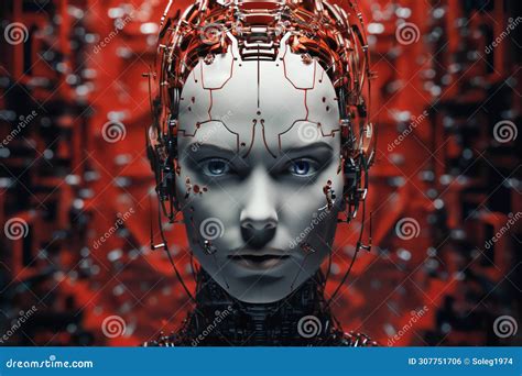Face Of Female Android Bio Robot Close Portrait Concept Of
