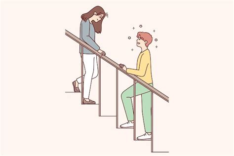 Mujer Con La Cabeza Hacia Abajo Baja Las Escaleras Y El Hombre Está