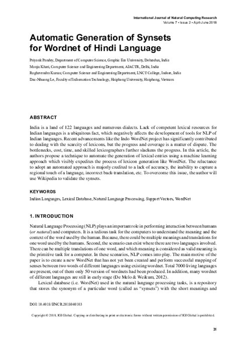 Pdf Automatic Generation Of Synsets For Wordnet Of Hindi Language