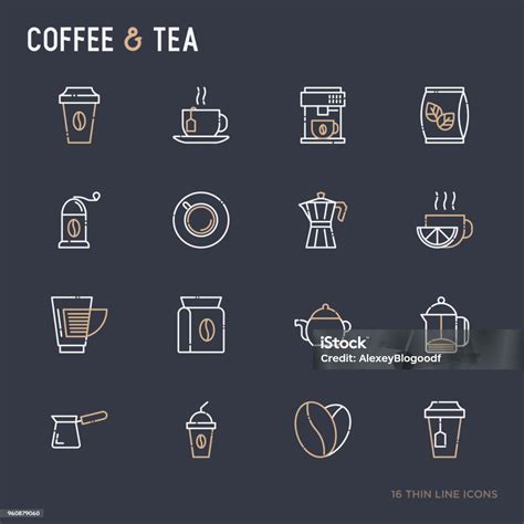 커피와 차 얇은 라인 아이콘 세트 종이 컵 Cezve 커피 메이커 주전자 카푸치노 컵 레몬 차 려 분쇄기 현대 벡터 일러스트