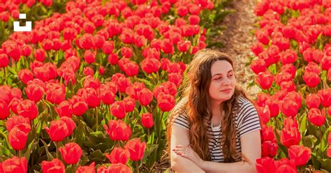 Foto Una Mujer Sentada En Un Campo De Flores Rojas Imagen 2182 Cx