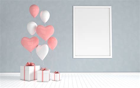 현실적인 풍선 3d 렌더링 인테리어 방에 포스터 프레임 선물 상자를 조롱 하트 모양 풍선입니다 파티 홍보 소셜 미디어 배너