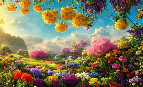 Paradise Garden Full Of Flowers Beautiful Idyllic Background With Many