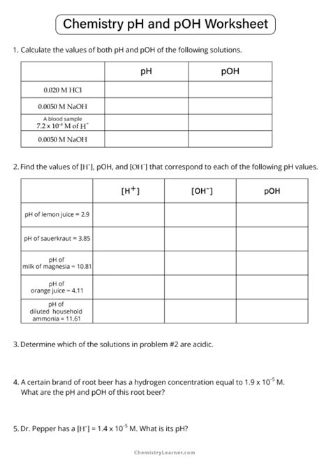 Free Printable PH And POH Worksheets
