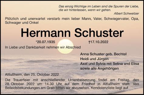 Traueranzeigen Von Hermann Schuster Trauerportal Ihrer Tageszeitung