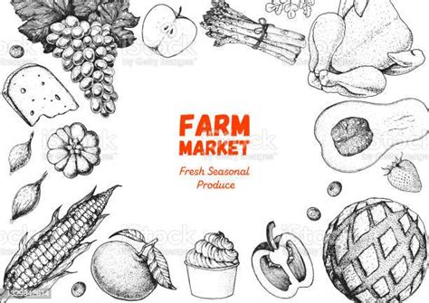 유기농 식품 일러스트레이션 농부 시장 디자인 요소 손으로 그린 스케치 다양한 식품 프레임 좋은 푸드 스토어 컨셉 감귤에 대한 스톡 벡터 아트 및 기타 이미지 Istock