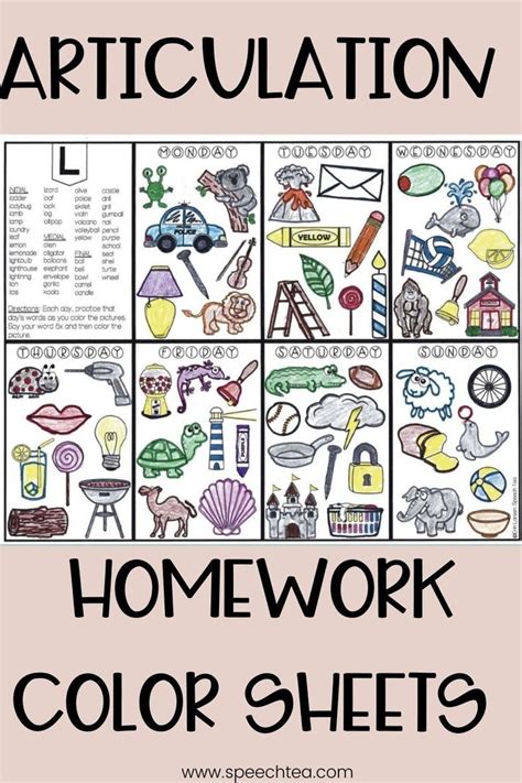 Articulation Homework Color Sheets Articulation Homework Articulation Activities Speech