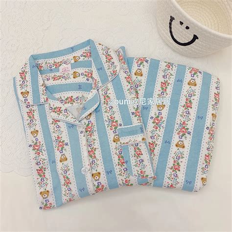 한국 레트로 꽃 곰 만화 면 잠옷 여성용 봄가을 긴 소매 일본 스타일 목가적 인 스타일 홈웨어 Aliexpress