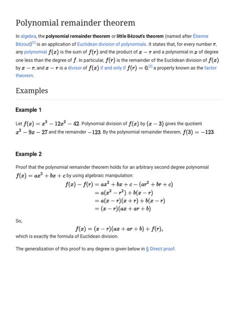 Polynomial Remainder Theorem Pdf Factorization Polynomial