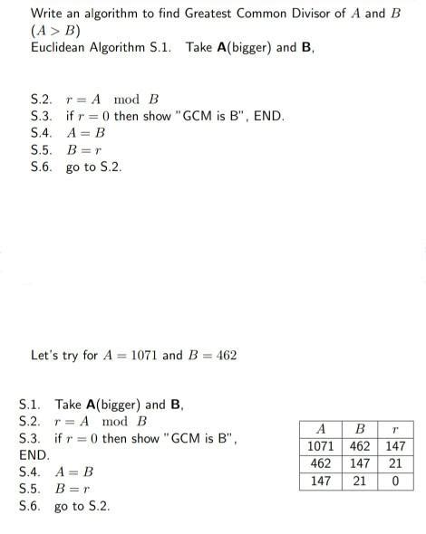 solved write an algorithm to find greatest common divisor of