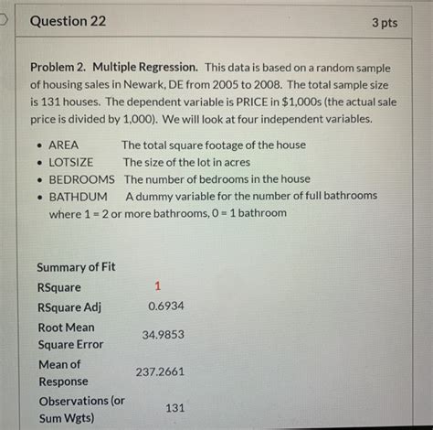 solved question 22 3 pts problem 2 multiple regression