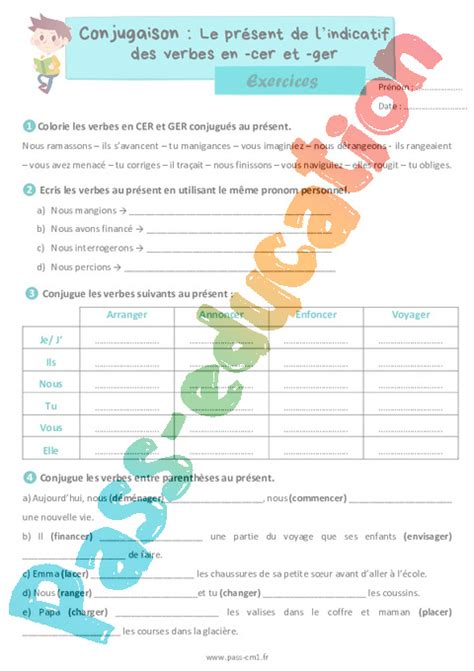 Le présent de lindicatif des verbes en cer et ger Exercices de conjugaison pour le cm1