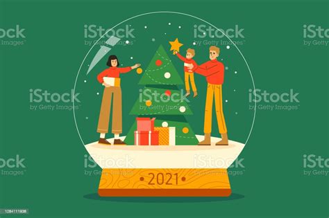 스노우 글로브에서 함께 크리스마스 트리를 장식하는 가족 2021년 연말연시를 기념합니다 포스터 인사말 카드 웹 Ui를위한