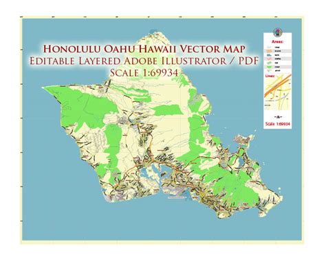 Honolulu Oahu Hawaii Us Pdf Vector Map City Plan Low Detailed For