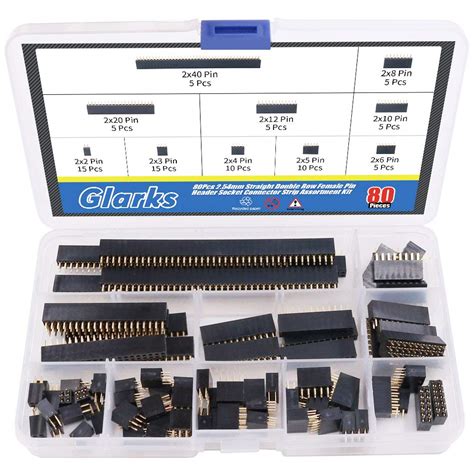 Glarks 80pcs 254mm Straight Double Row Female Pin Header Socket Connector Strip Assortment Kit