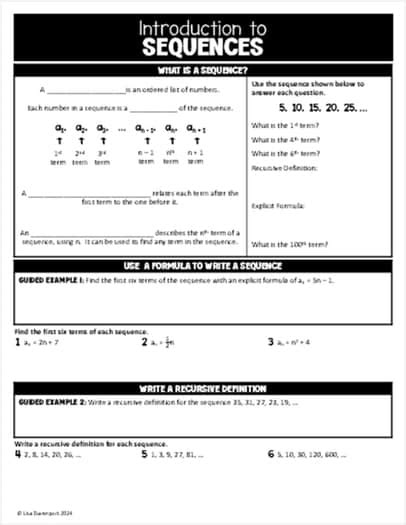Intro To Sequences Algebra 2 Binder Notes By Lisa Davenport Tpt