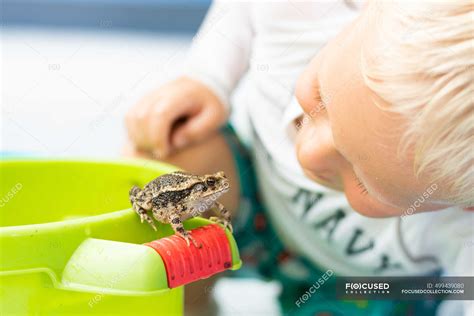 Молодий хлопець у купальнику посміхається на жабі на зеленому відро — білий Посмішка Stock