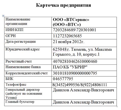 Карточка предприятия образец для ип в Word образец на 2023 год