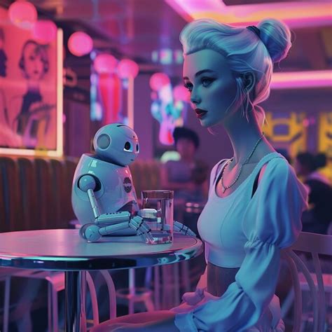 A Woman Sitting At A Table With A Robot Generative Ai Premium Ai