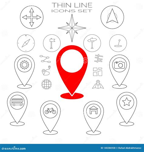 Thin Line Icons Set Red Icon Here And Home Gps Geo Location Navigation Transportation Bus