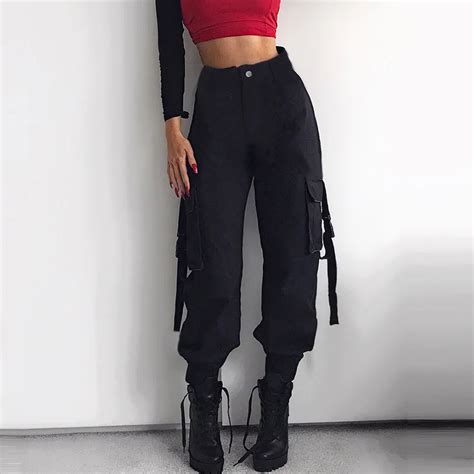 Black High Waist Cargo Pants Women Pockets Patchwork Loose Streetwear