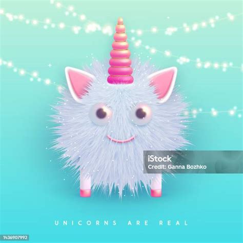 파란색 배경에 격리된 분홍색 뿔이 있는 3d 현실적인 솜털 유니콘 벡터 그림 3차원 형태에 대한 스톡 벡터 아트 및 기타 이미지 3차원 형태 개성 개념 고양이 귀