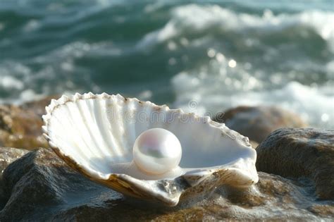 Luminous Pearl In Shell On Shoreline Rocks Ai Generated Stock Image