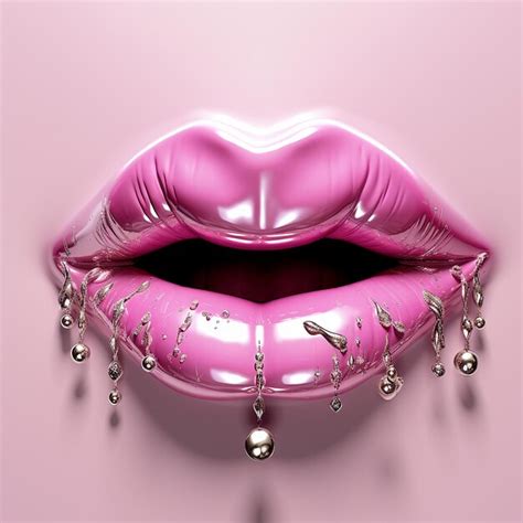 3d Rendered Pink And Silver Lips Dripping Metallic With Diamonds On The