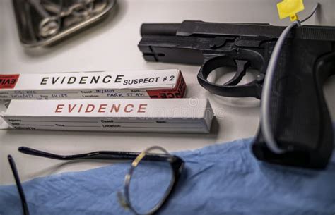Firearm Next To Analysis Tests In A Crime Lab Stock Image Image Of