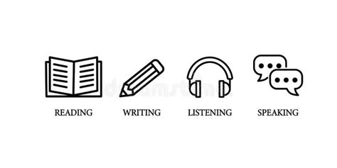 Language Skill Icon Set Speaking Listening Reading Writing Education Test Logo Vector
