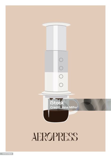 에어로프레스와 뜨거운 갓 내린 스페셜티 커피가 컵에 담긴 트렌디한 미니멀리스트 포스터 수제 커피 메이커가 있는 현대적인 심플한 프린트 대체 커피 추출 방법 벡터 그림입니다