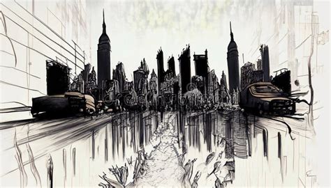 Black And White City Streets And Buildings In Fantasy Style Stock