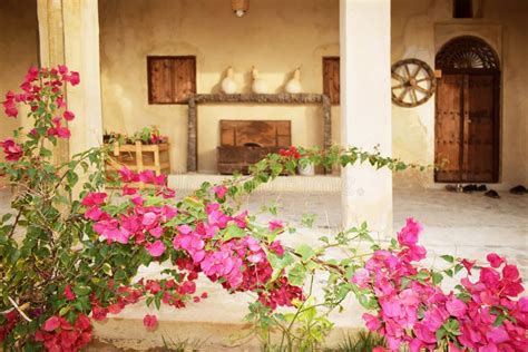 Bela Casa Tradicional Lindas Flores Cor De Rosa No Jardim E Portas E Janelas De Madeira