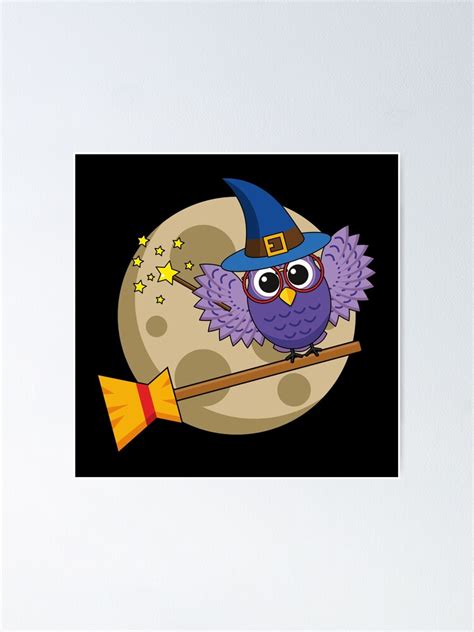 Póster Buho de mago de dibujos animados volando en escoba de