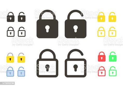 잠금 아이콘의 벡터 아이콘 집합입니다 다양한 스타일의 심볼을 잠그거나 잠금 해제합니다 잠금 해제 및 닫힌 잠긴 그래픽 요소 열기 개체 그룹에 대한 스톡 벡터 아트 및 기타